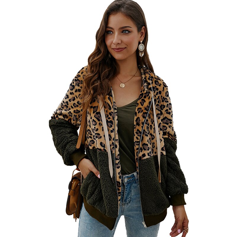Women Warm Fleeces Hooded Coat Leopard Zipper Fron... – Grandado
