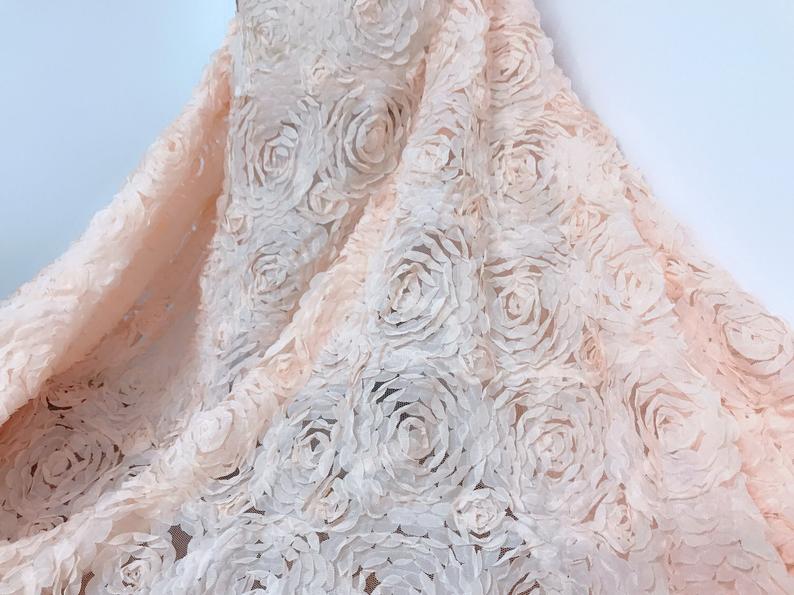 1 Yard Peach Pink Rosette Fabric Lace, Chiffon Ros... – Grandado