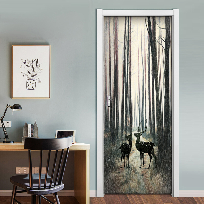 3D Door Stickers Nordic Forest Elk PVC Waterproof ... – Grandado