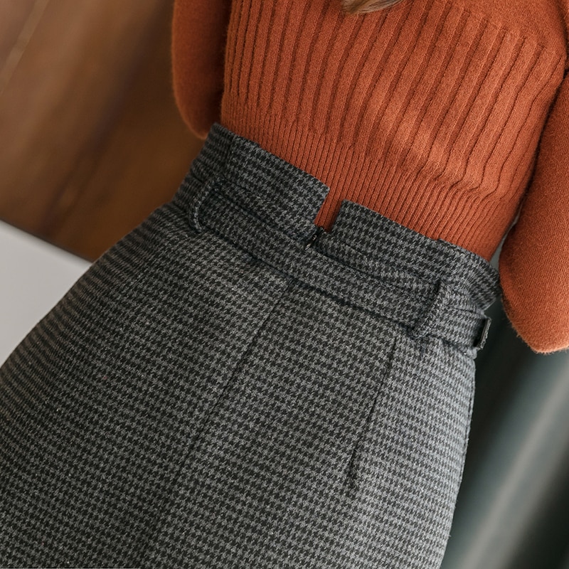 Korean winter midi long plaid women skirt with bel... – Grandado