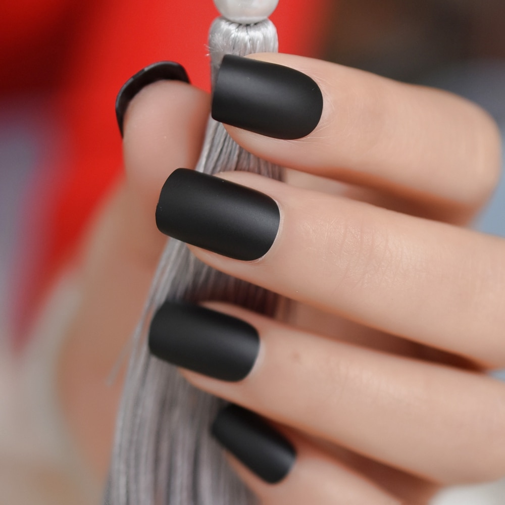 Black False Nail Solid Matte Finish Faux Nails Med... – Grandado