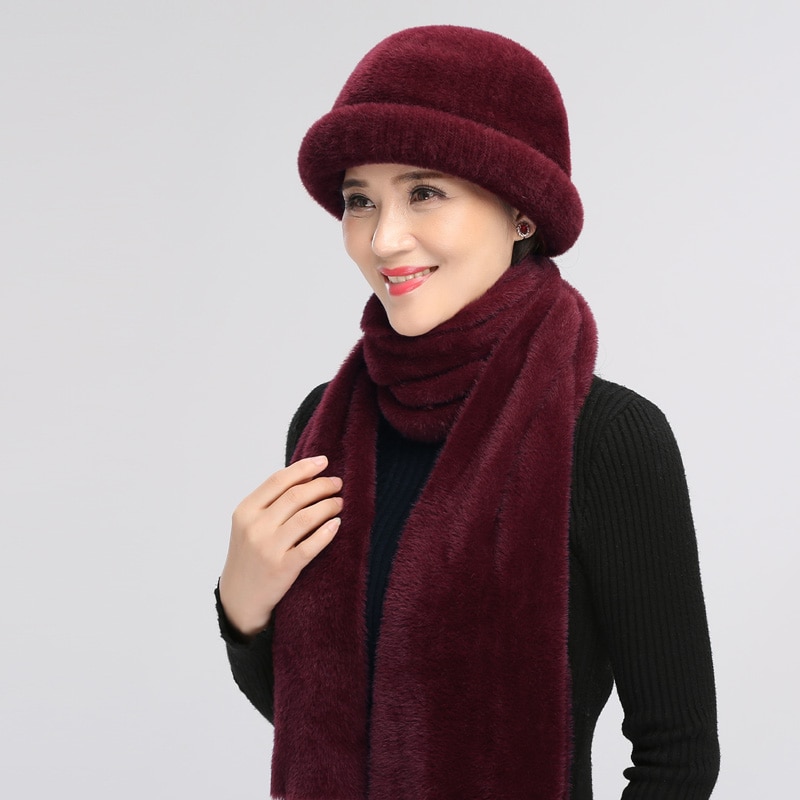 Women Middle Age Hat Winter Lady Pure Color Scarf ... – Vicedeal