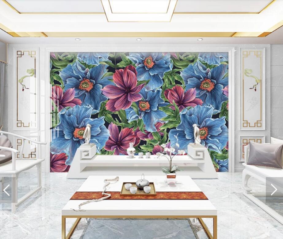 Nordic Aquarel Blauwe Bloem Behang Muurschildering... – Vicedeal