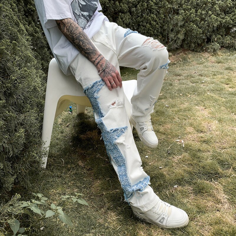 Harajuku Retro Patchwork Ripped Streetwear White J... – Grandado
