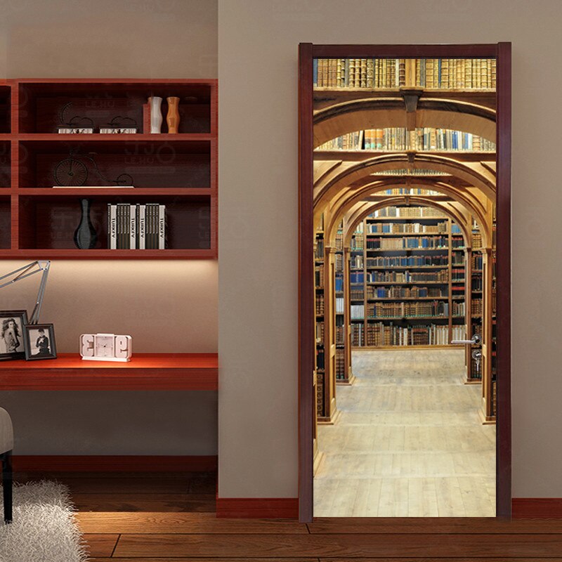 3D Door Sticker Modern Library Study Room Bookshel... – Vicedeal