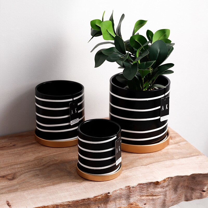 Black And White Striped Ceramic Flower Pot With Tr... – Vicedeal