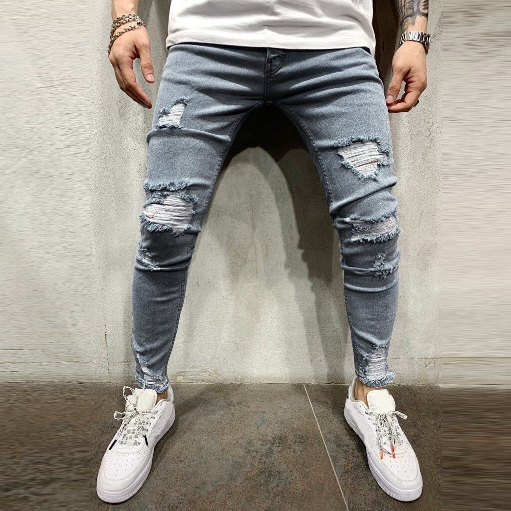 Mannen Slim-Fit Ripped Jeans Mannen Geschilderd Je... – Grandado
