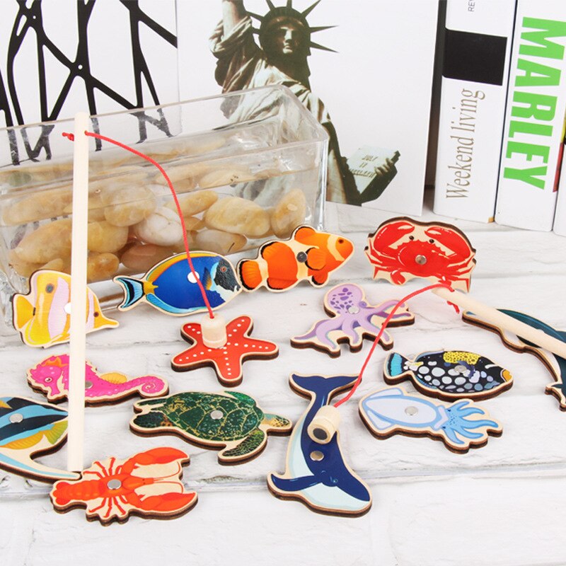 Large Size 14pcs Wooden Marine Animal Fishing Toy ... – Grandado