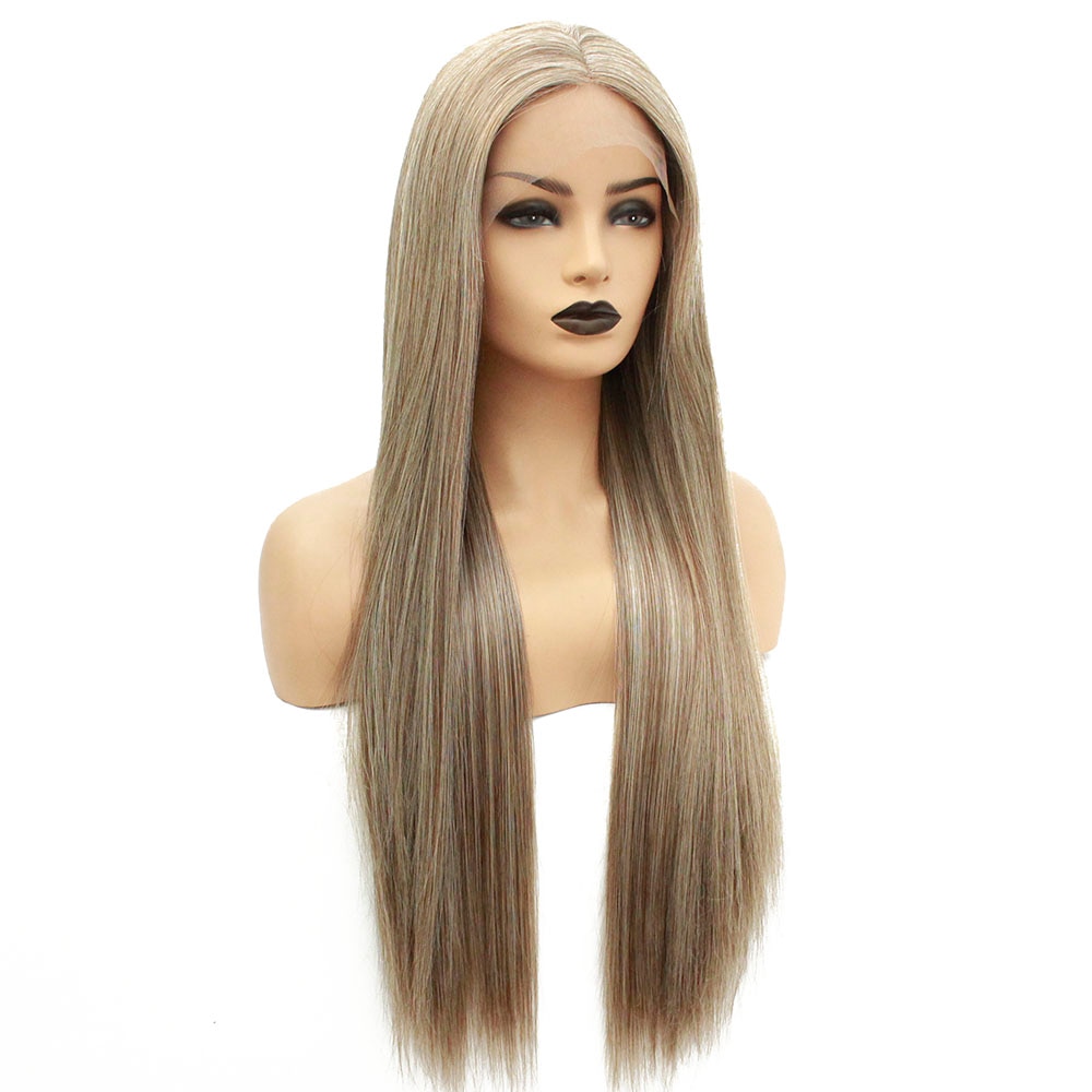 V'nice Bruin Pruik Lange Rechte Lijmloze Synthetis... – Grandado