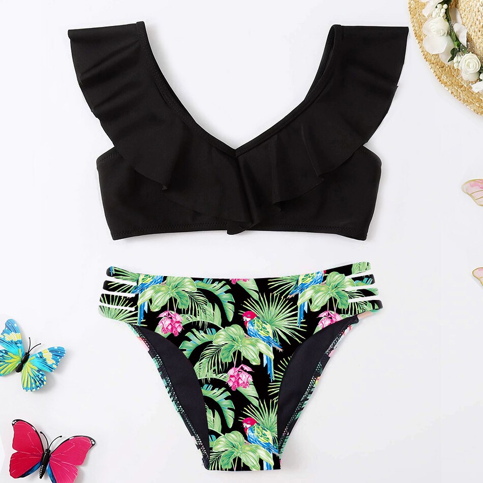 Floral Ruffle Girls Swimsuit Kids Two Piece Childr... – Grandado