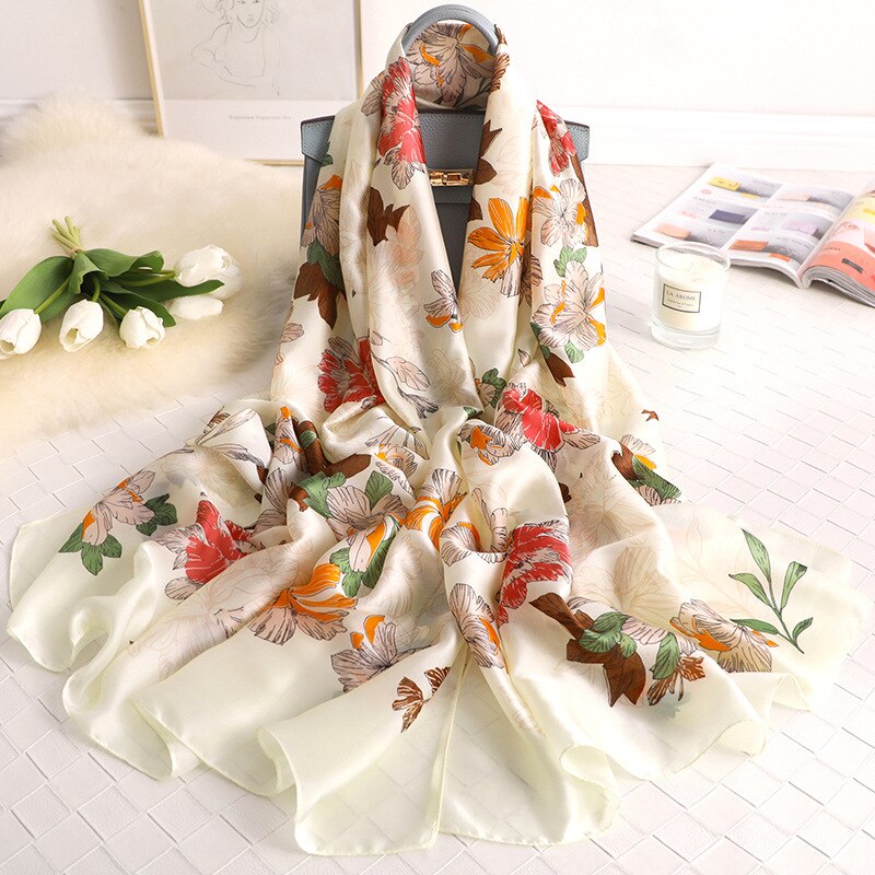 Silk Scarf Women Flower Print Scarf Beach Scarves ... – Grandado