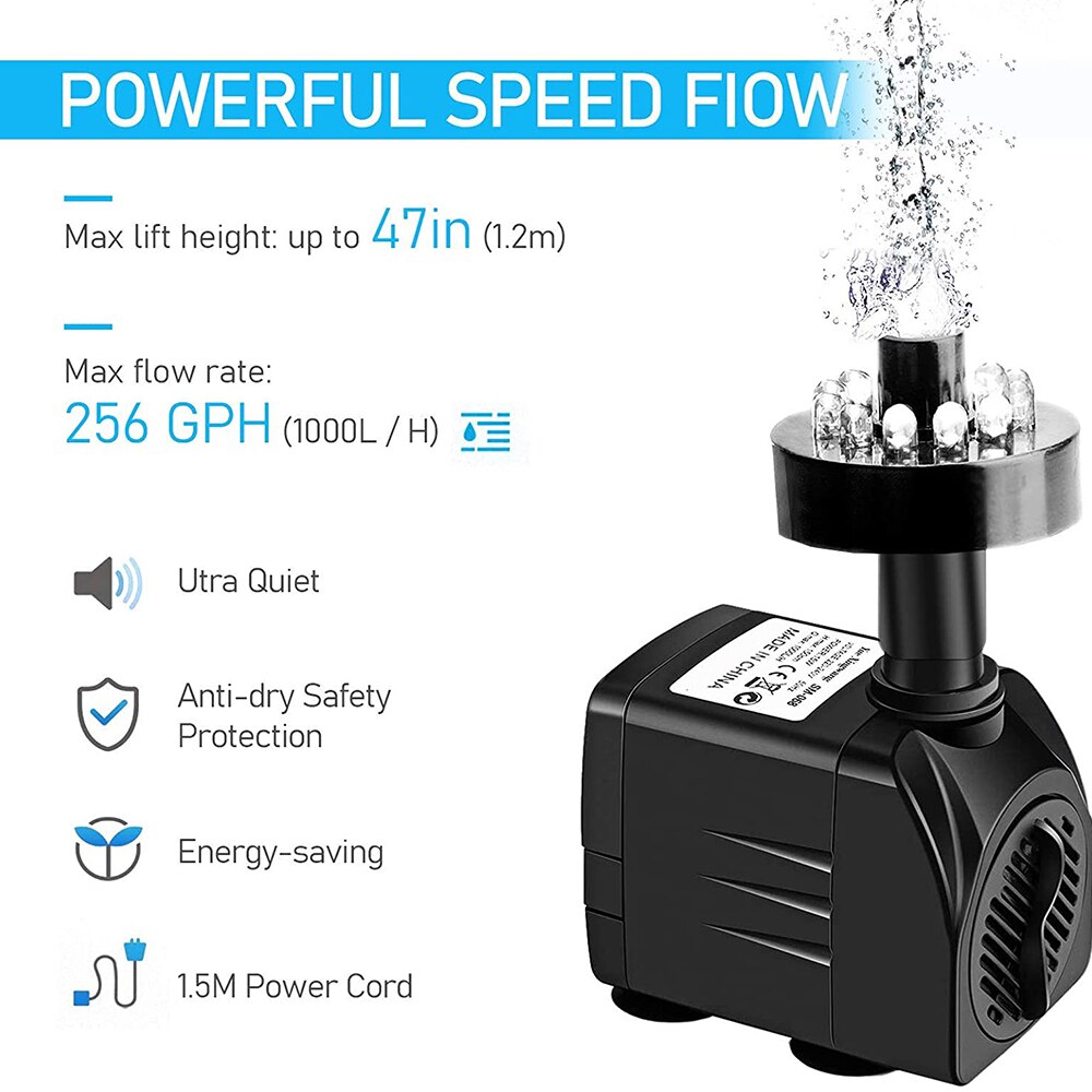 15W 800L/h Submersible Fountain Pump wiht LED Ligh... – Grandado