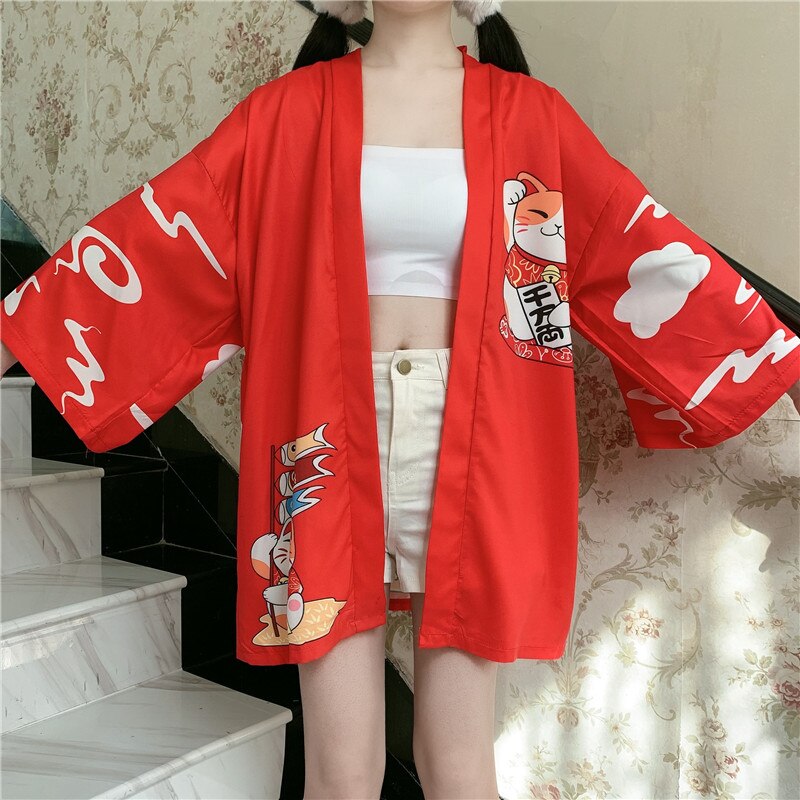 Bebovizi Red Lucky Cat Kimono Women Japanese Yukat... – Grandado