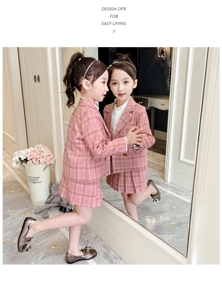 Girl Formal Pink Plaid Suit Coat+Pants Girl Clothe... – Vicedeal