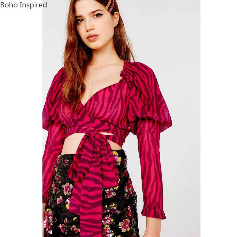 BOHO INSPIRED long sleeve wrap top pink tiger prin... – Grandado