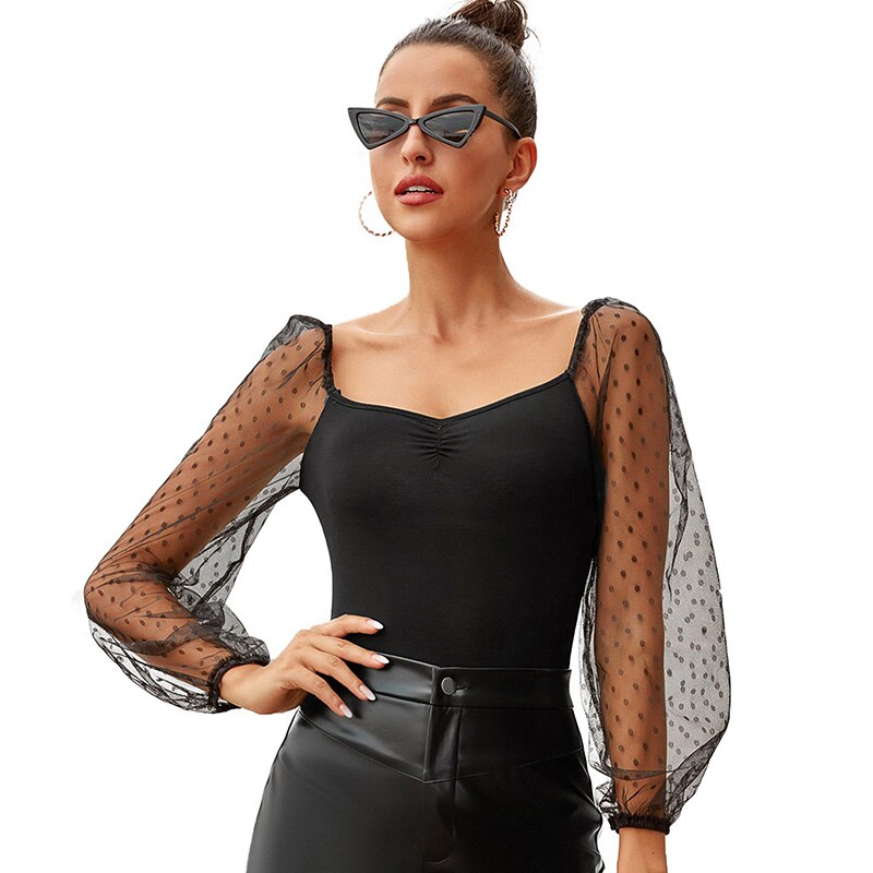 Benuynffy Zwart Dot Bladerdeeg Mesh Mouw Blouse Vr... – Grandado