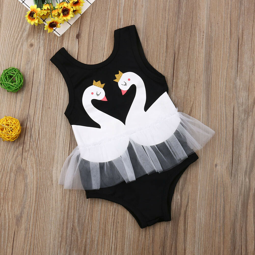 Toddler Little Girl Swimsuit Sleeveless Swan Print... – Grandado