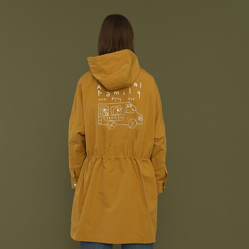 Autumn Winter Women Long Windbreaker Hooded Yellow... – Grandado