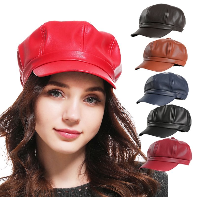 Solid Color PU Leather Octagonal Cap Ladies Britis... – Grandado
