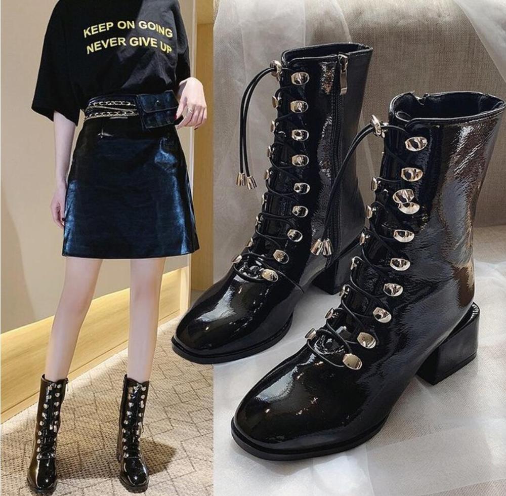 patent Botas Women Motorcycle Ankle Boots Female L... – Grandado