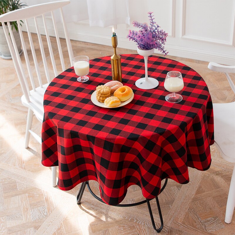 Fabric Cotton Linen Round Plaid Tablecloth Black P... – Vicedeal