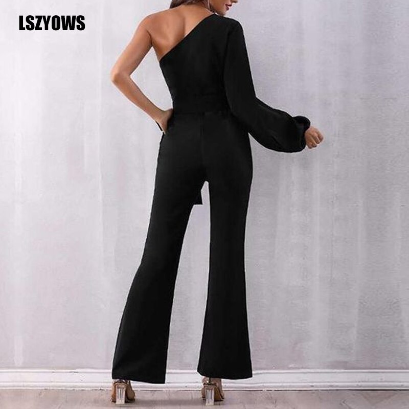 Women One Shoulder Long Sleeve Jumpsuits Solid Cas... – Grandado