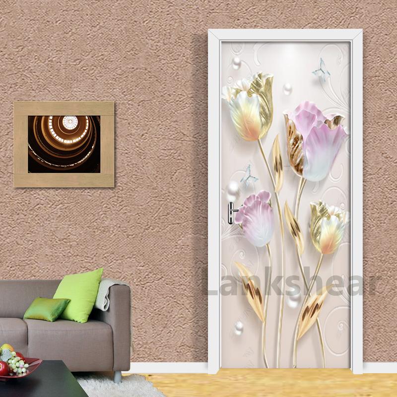 Modern Embossed Tulip Flowers Door Stickers Mural ... – Grandado