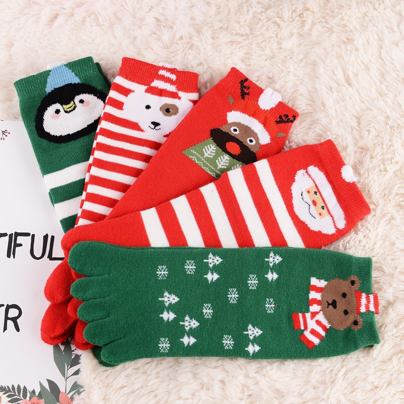5 Pair Five-finger Socks Red Green Santa Winter To... – Grandado