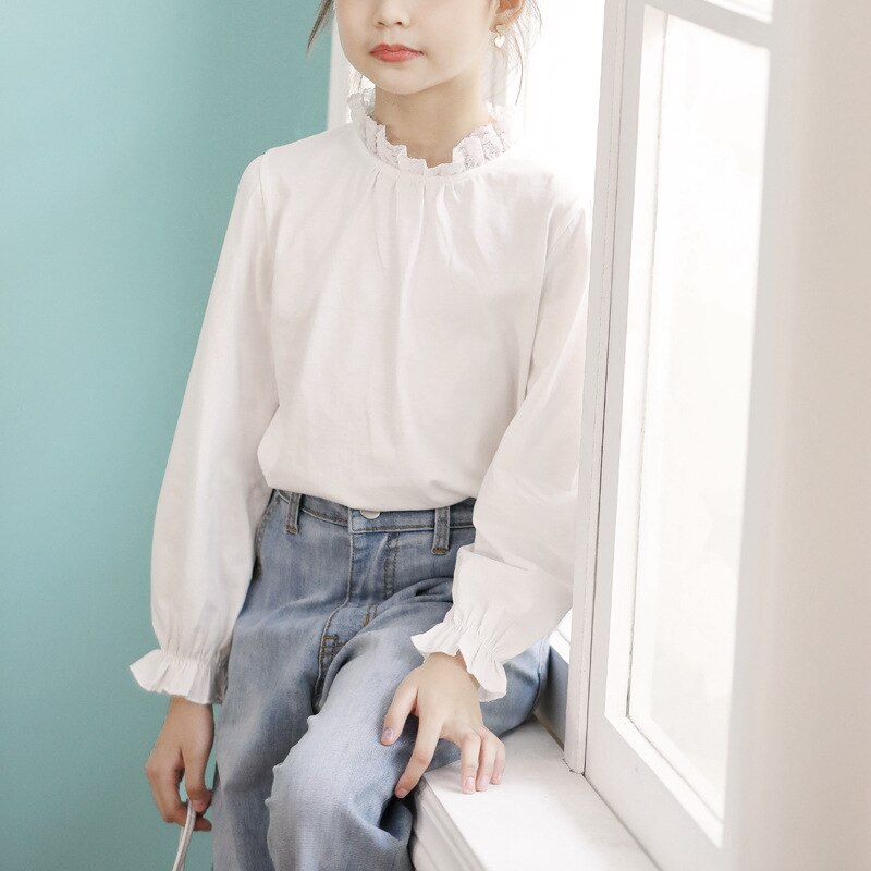 Teen Girl's Blouse White Cotton Lace Long Sleeve S... – Vicedeal