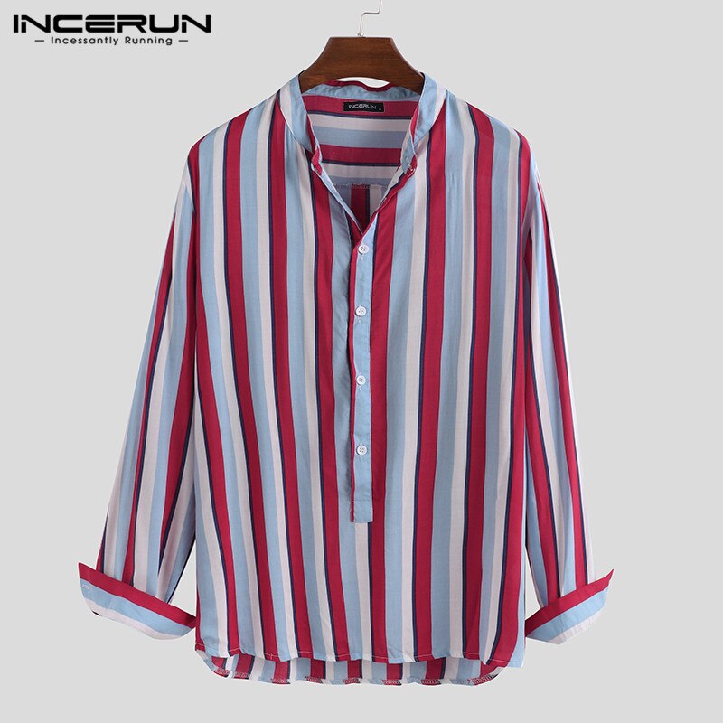 INCERUN Men Striped Shirts Long Sleeve Stand Colla... – Grandado