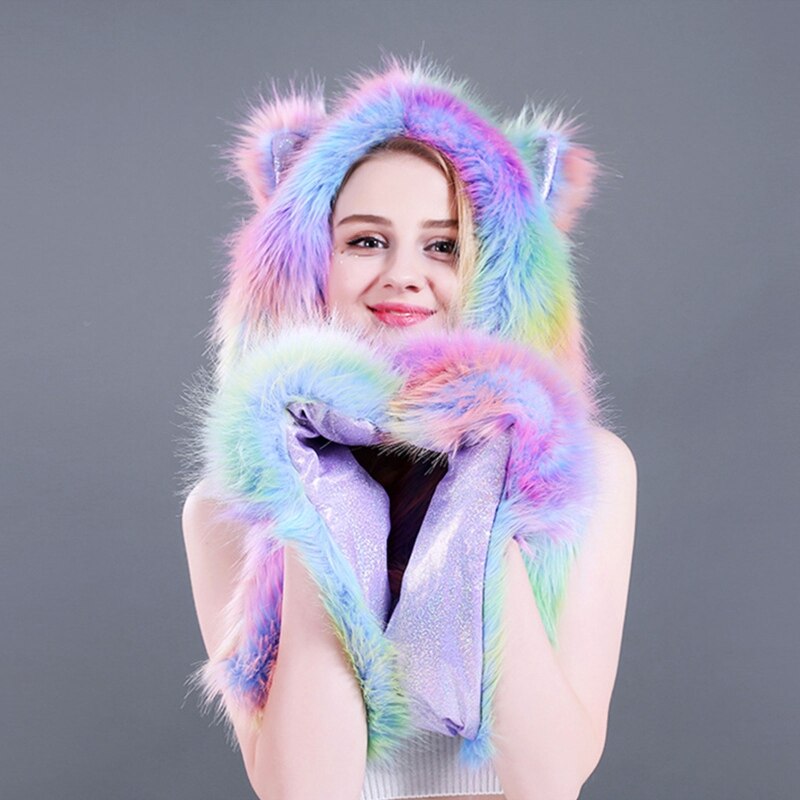 Women 3 In 1 Furry Animal Hat Scarf Gloves Mittens... – Grandado