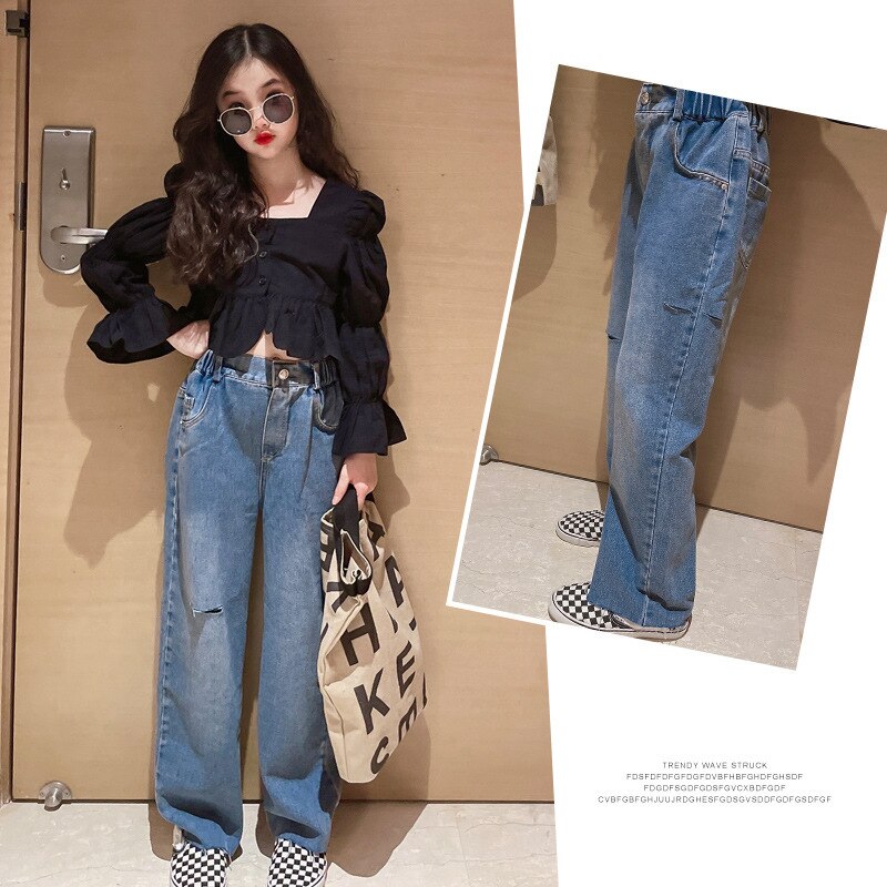Girls Ripped Jeans Dark Blue Elastic Waist Wide Le... – Grandado