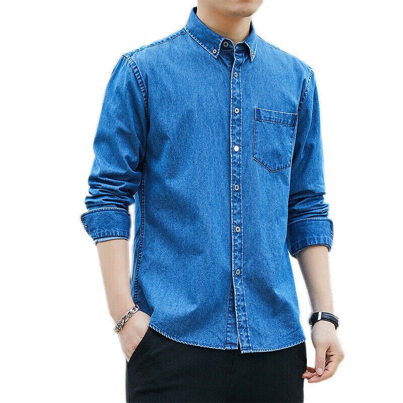 Men Blue Denim Shirt Casual Western Shirt Jean But... – Grandado