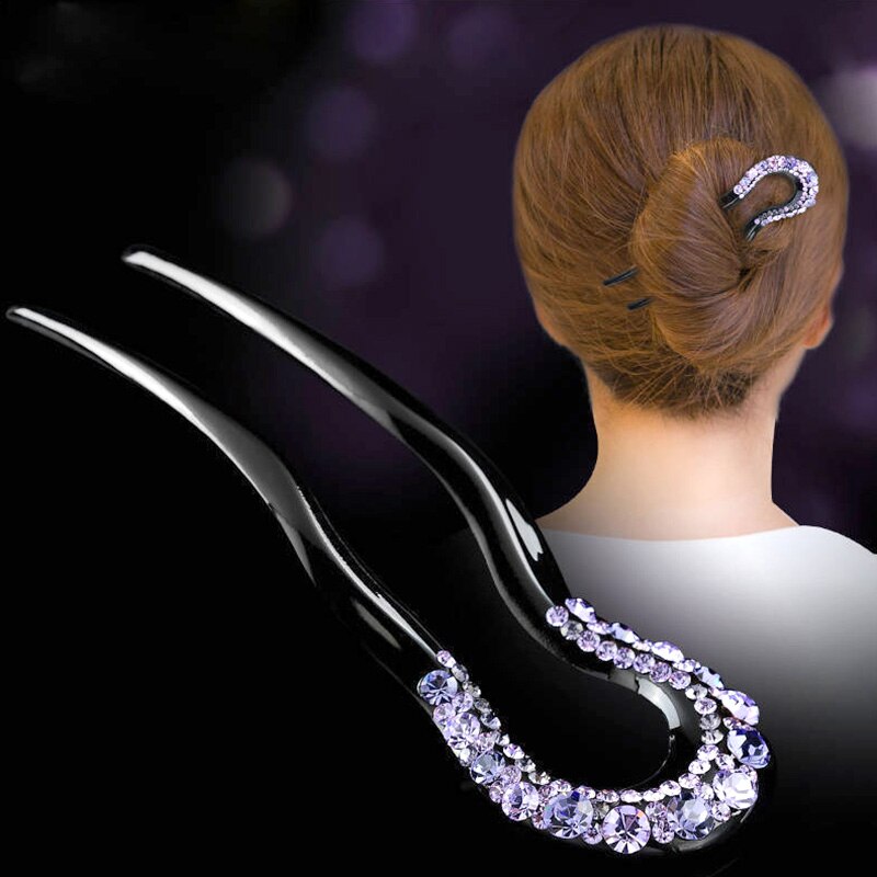U-shaped Hairpin Bent Clip Colorful Rhinestone Bla... – Grandado