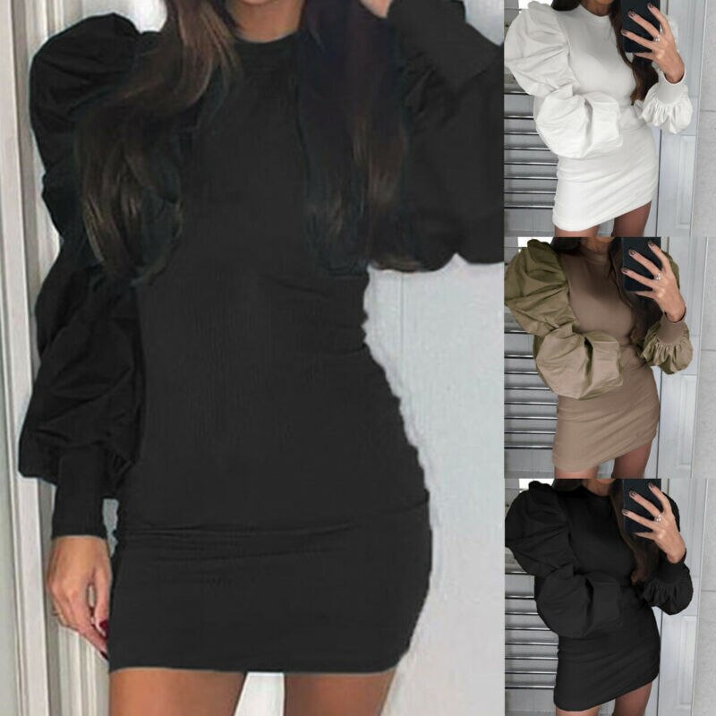 Women Long Puff Sleeve Ribbed Knit Jumper Mini Dre... – Vicedeal