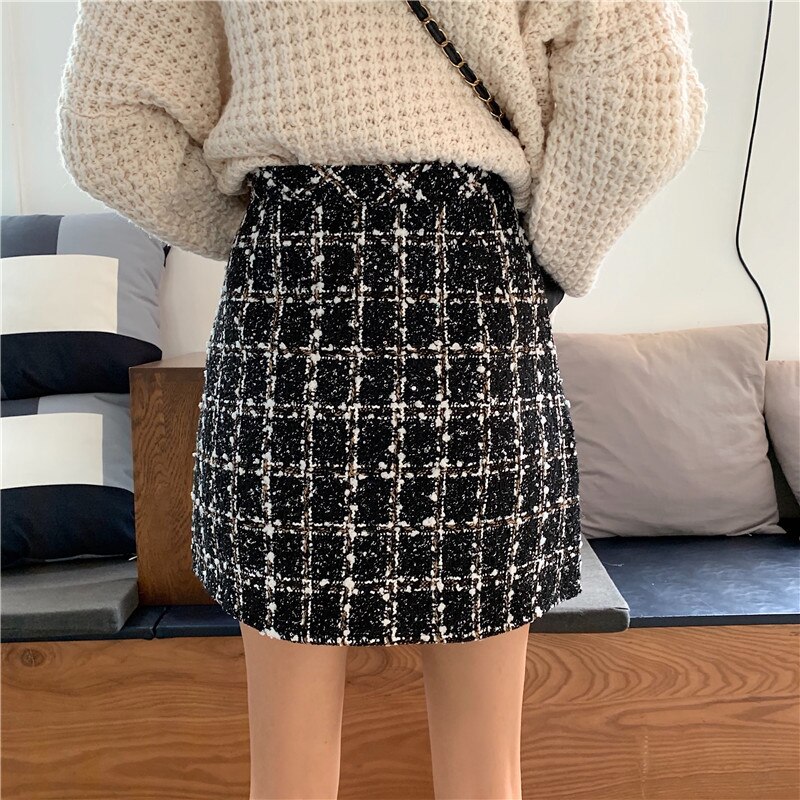 Skirts Women Wool Plaid Buttons Slit A-line Anti-g... – Grandado
