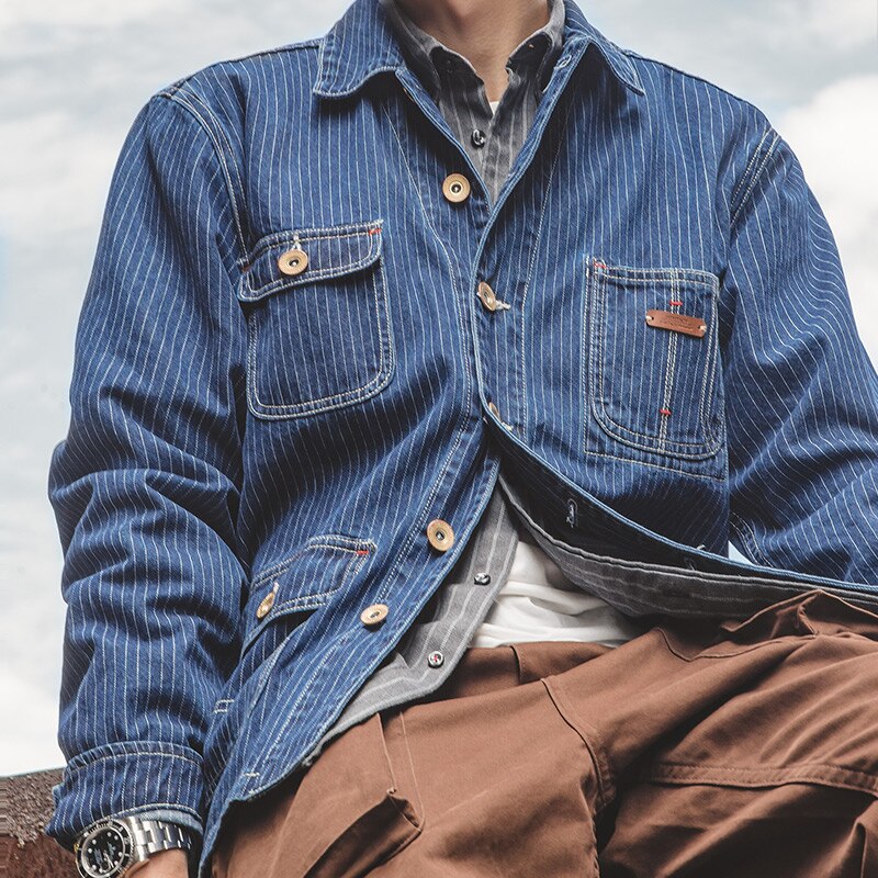 Maden Denim Striped Jackets For Men Loose Cowboy C... – Grandado