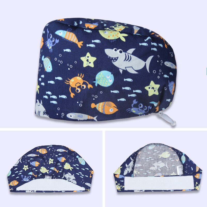 Cartoon Shark Print Dark Blue Nurse Scrub Hat Cott... – Grandado
