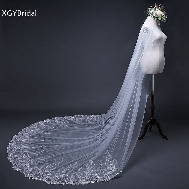 Real Photo Ivory Cathedral Wedding Veil Lace Appli... – Grandado