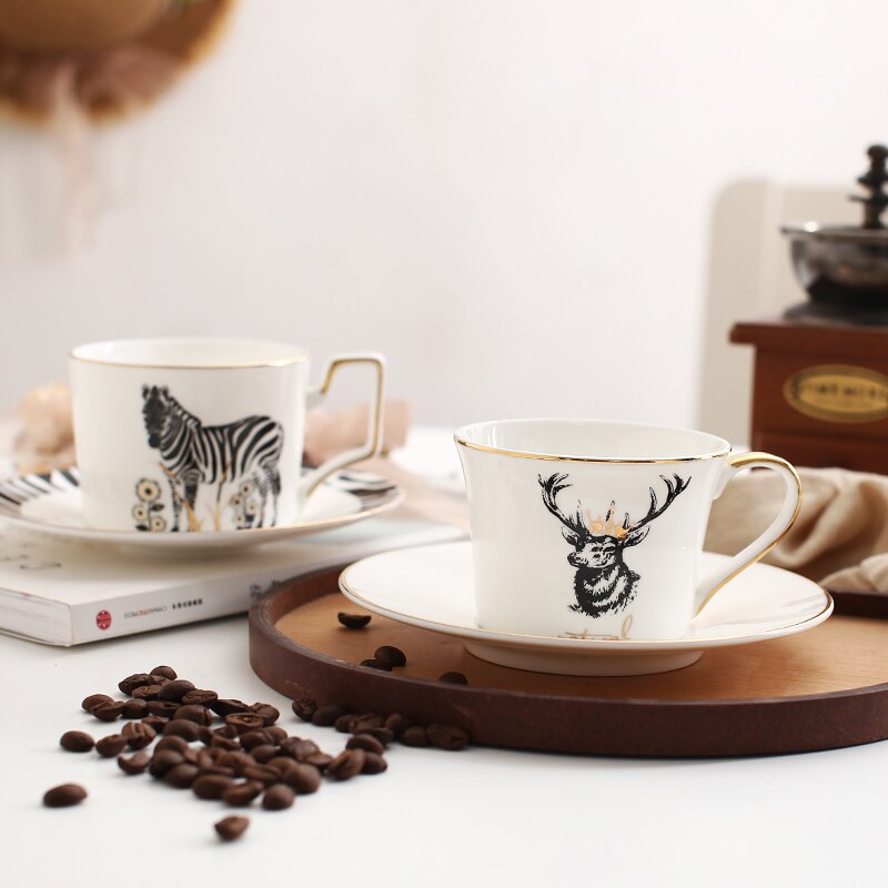 Nordic Style Zebra Elk Crown Trace Golden Bone China Coffee Cup Saucer ...