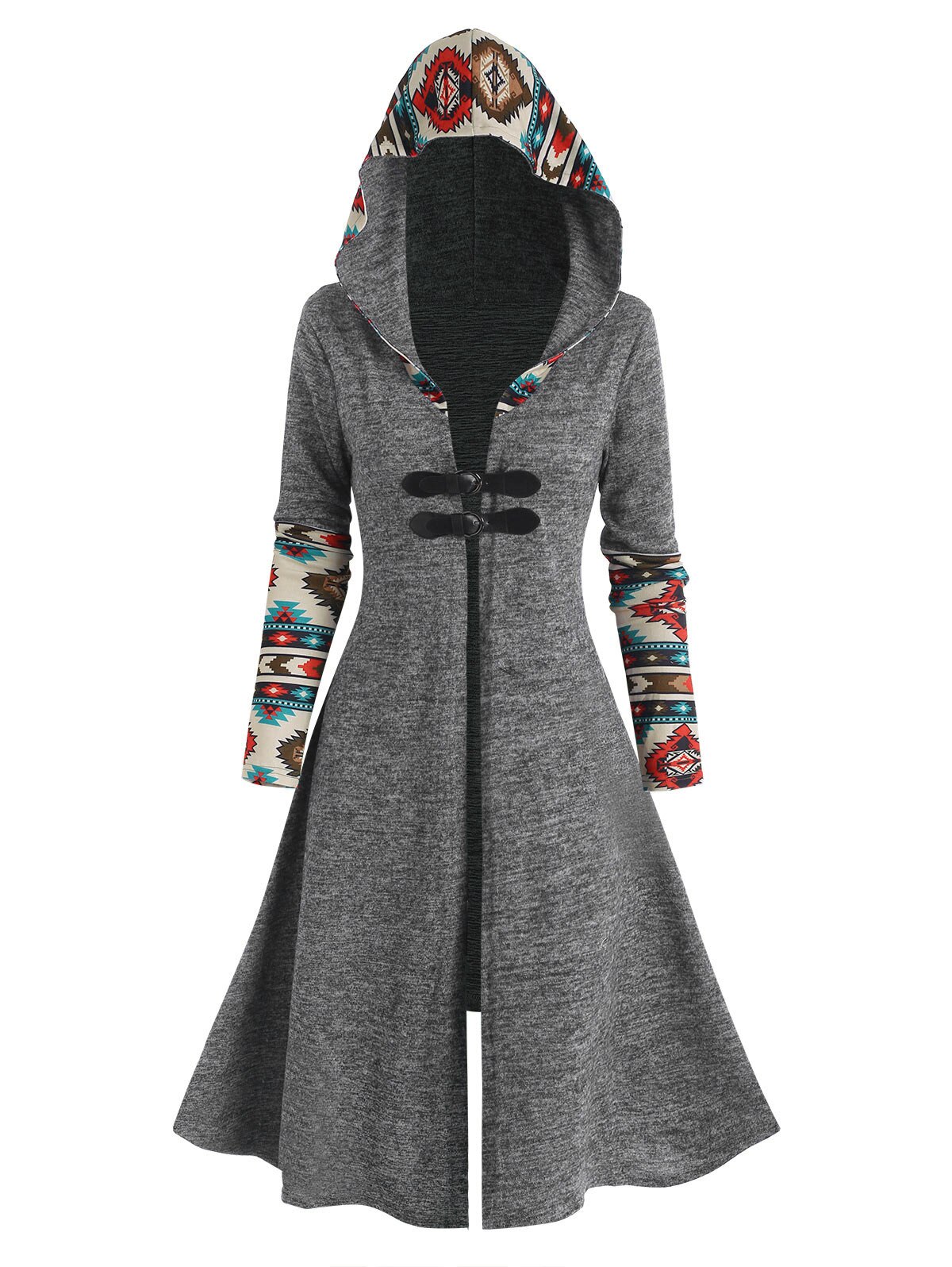 Hooded Buckle Front Aztec Print Asymmetric Coat Lo... – Vicedeal