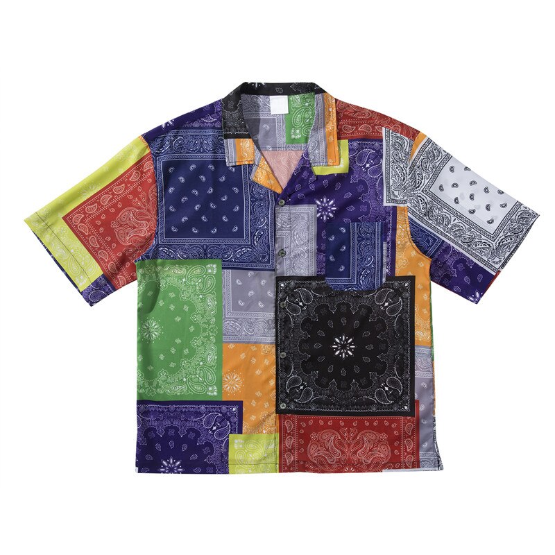 Dark Icon Bandana Patchwork Street Shirt Men Turn-... – Grandado