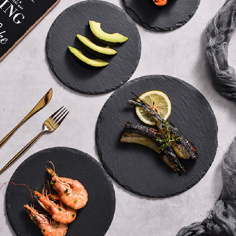 Round Natural Slate Dinner Plate Kitchen Steak Pas... – Grandado