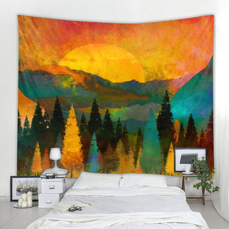 Psychedelic sunset forest tree mountain tapestry w... – Grandado