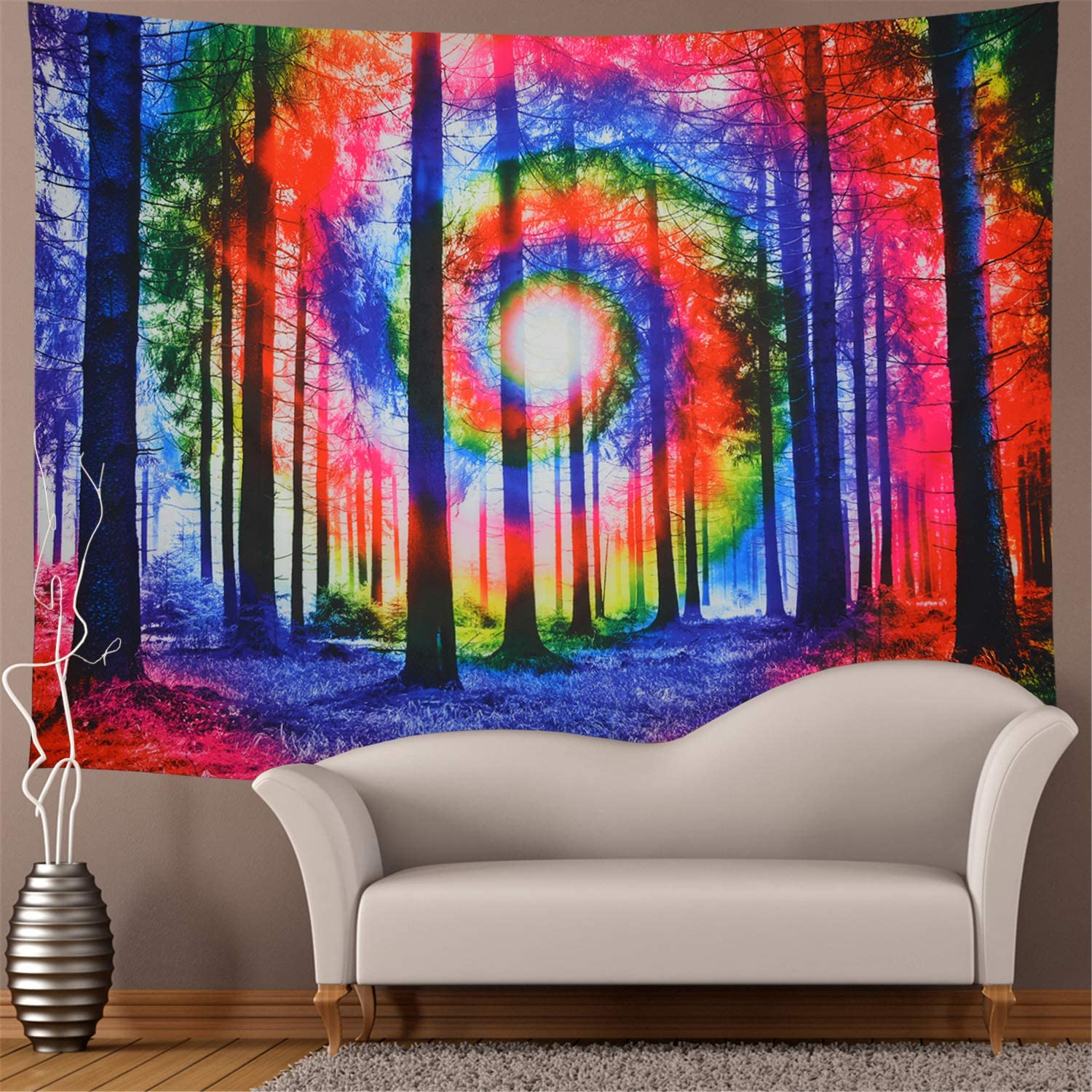 Trippy Sun Misty Forest Trees Tapestry Colorful Ps... – Grandado