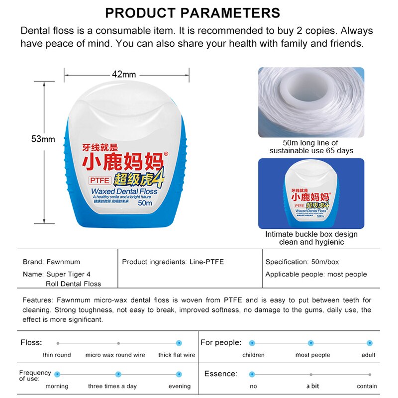 fawnmum Super Tiger 4 PTFE Rolled dental floss mic... – Grandado