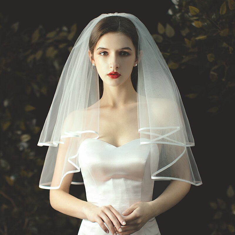 Women Short Wedding Veil 2 Layers Satin Edge Tulle... – Grandado