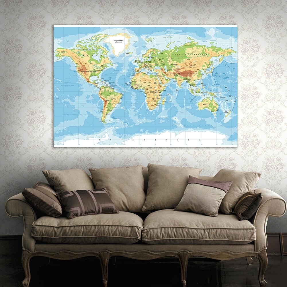 140*100cm Terrain Map of The World Non-woven Canva... – Grandado