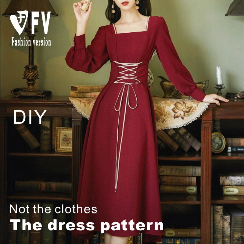Pattern making women's retro square-neck dress cut... – Vicedeal