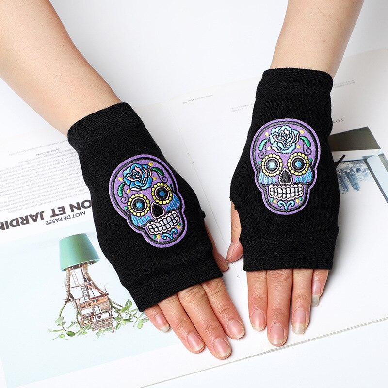 embroidered skull knitting gloves Fingerless Glove... – Grandado